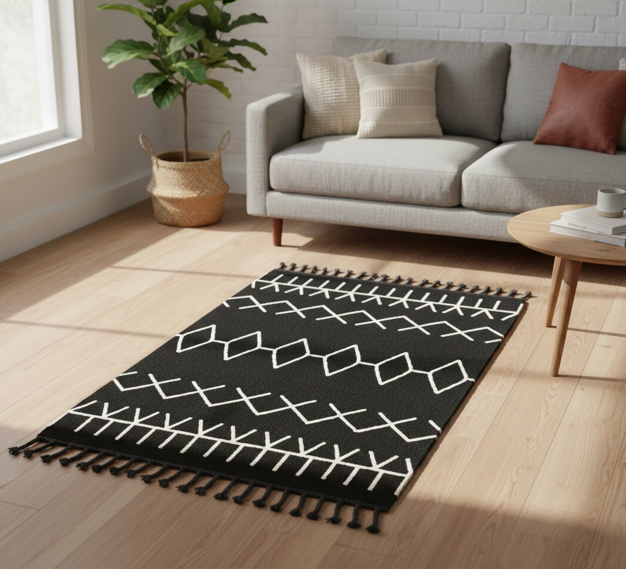 Black and white rug with clear geometric symbols – Vitrine Furniture