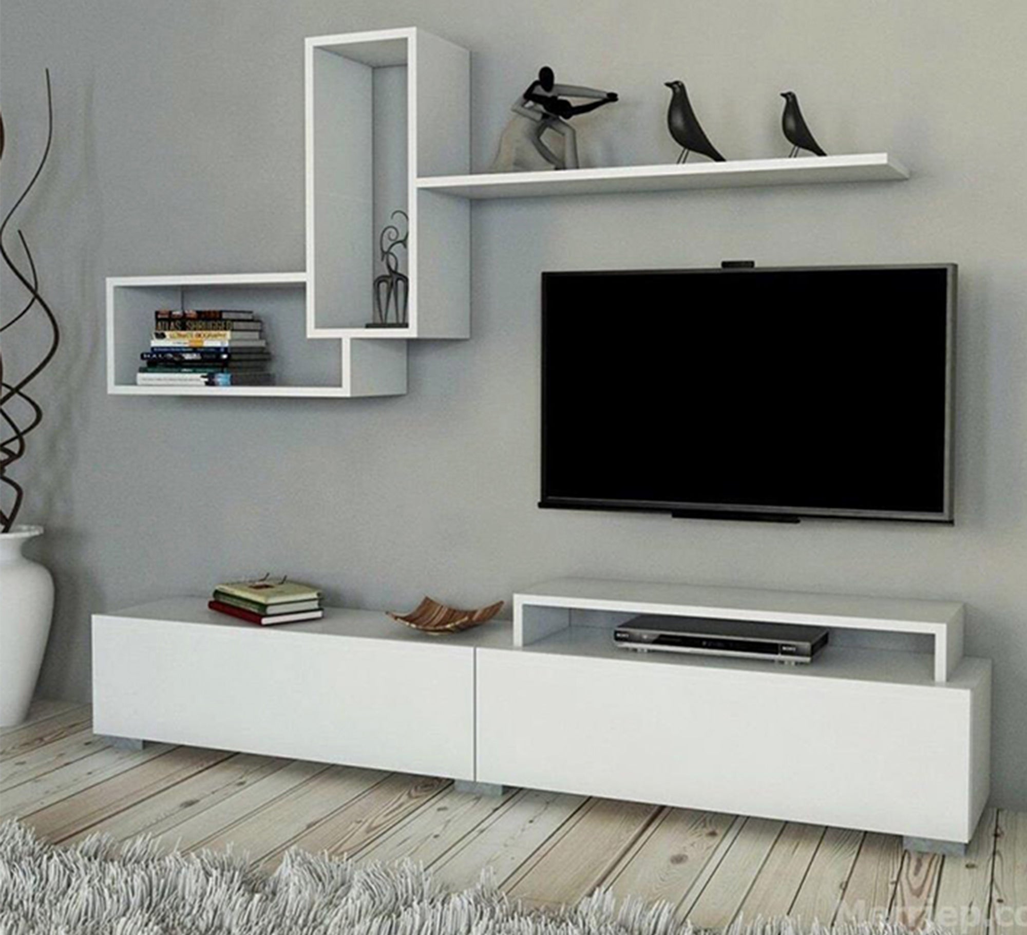 Elegant White TV Unit with Upper Shelves - Stylish & Functional ...
