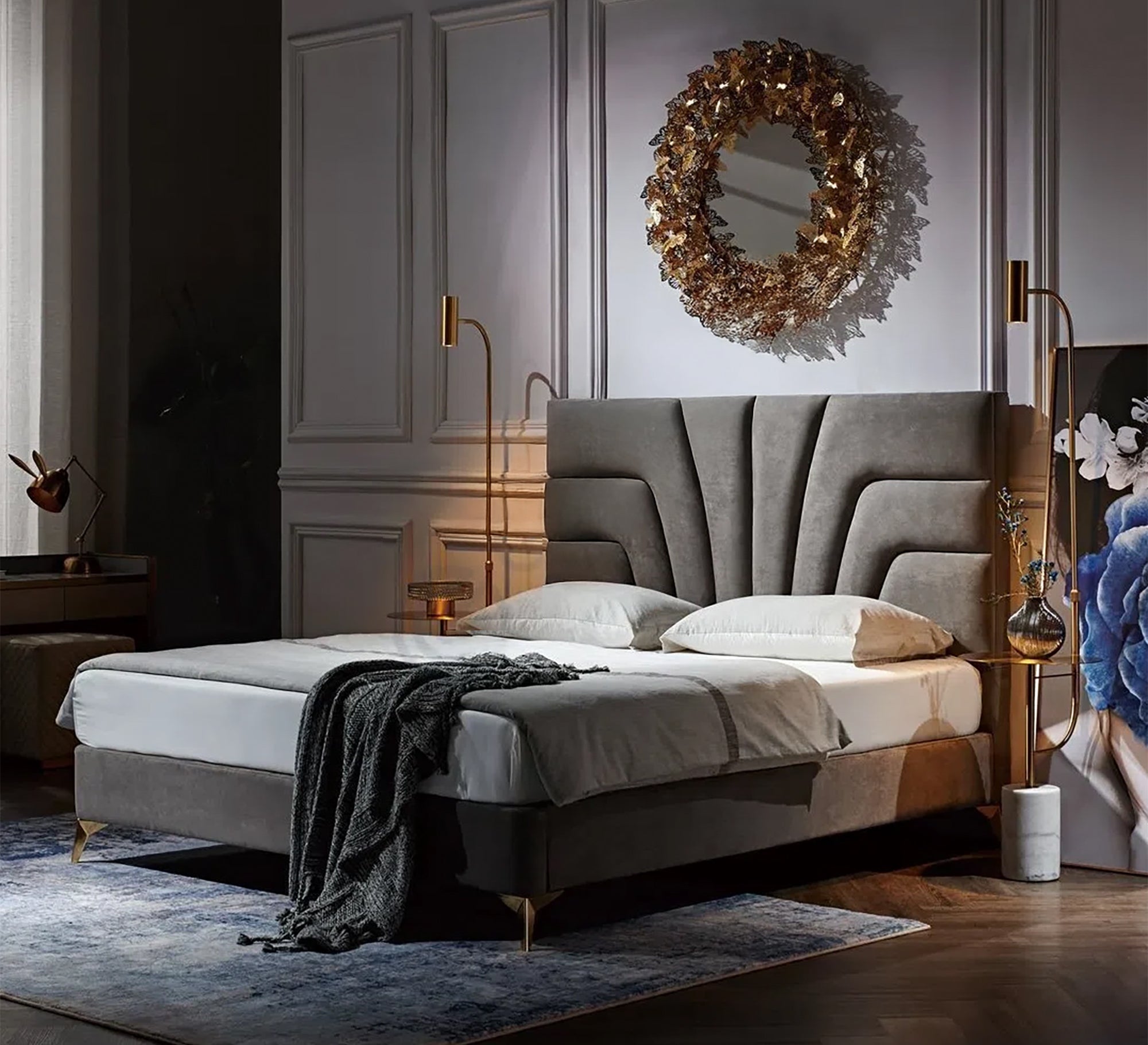 Gray bed with radial sunken lines – Vitrine Furniture
