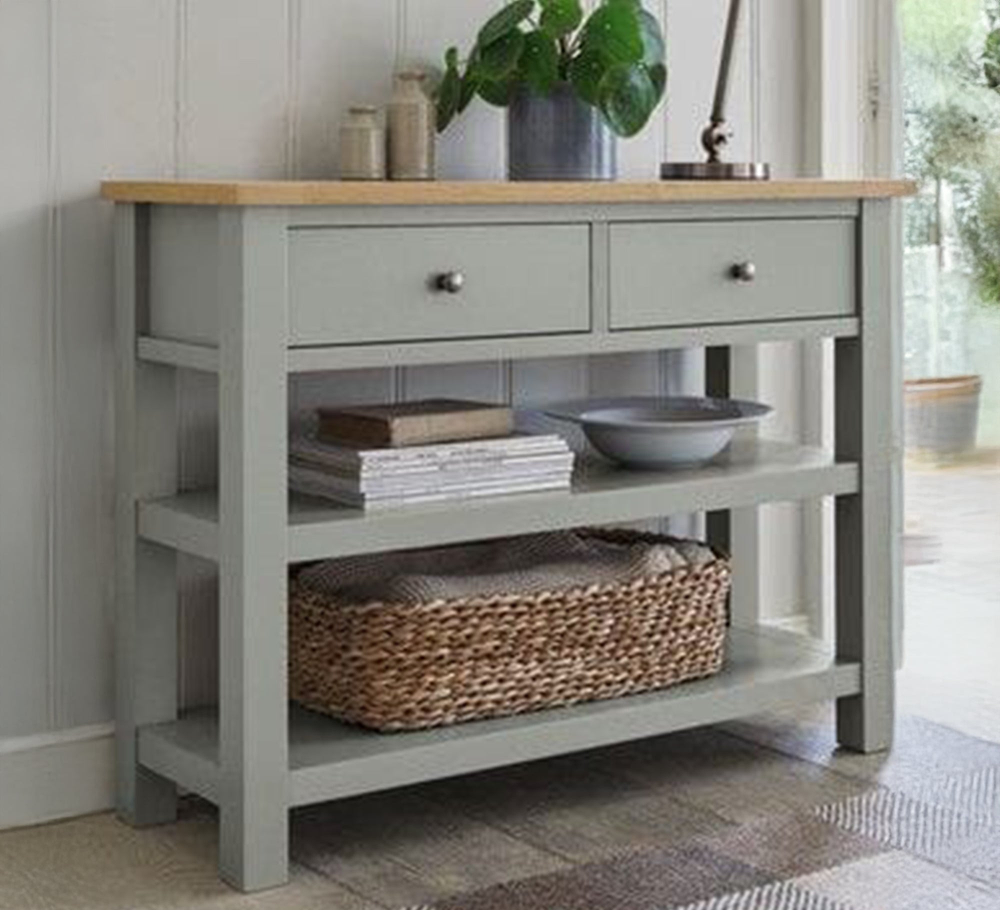 Gray console table with drawers and shelves – Vitrine Furniture