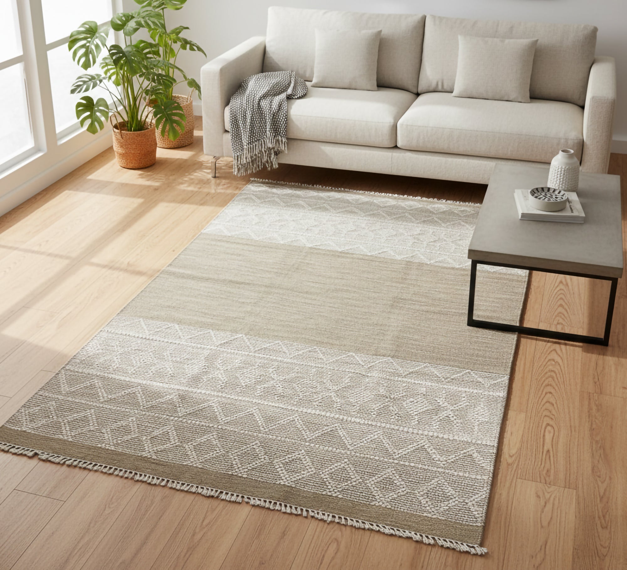 Light yellow rug with a white repeating lattice pattern – Vitrine Furniture