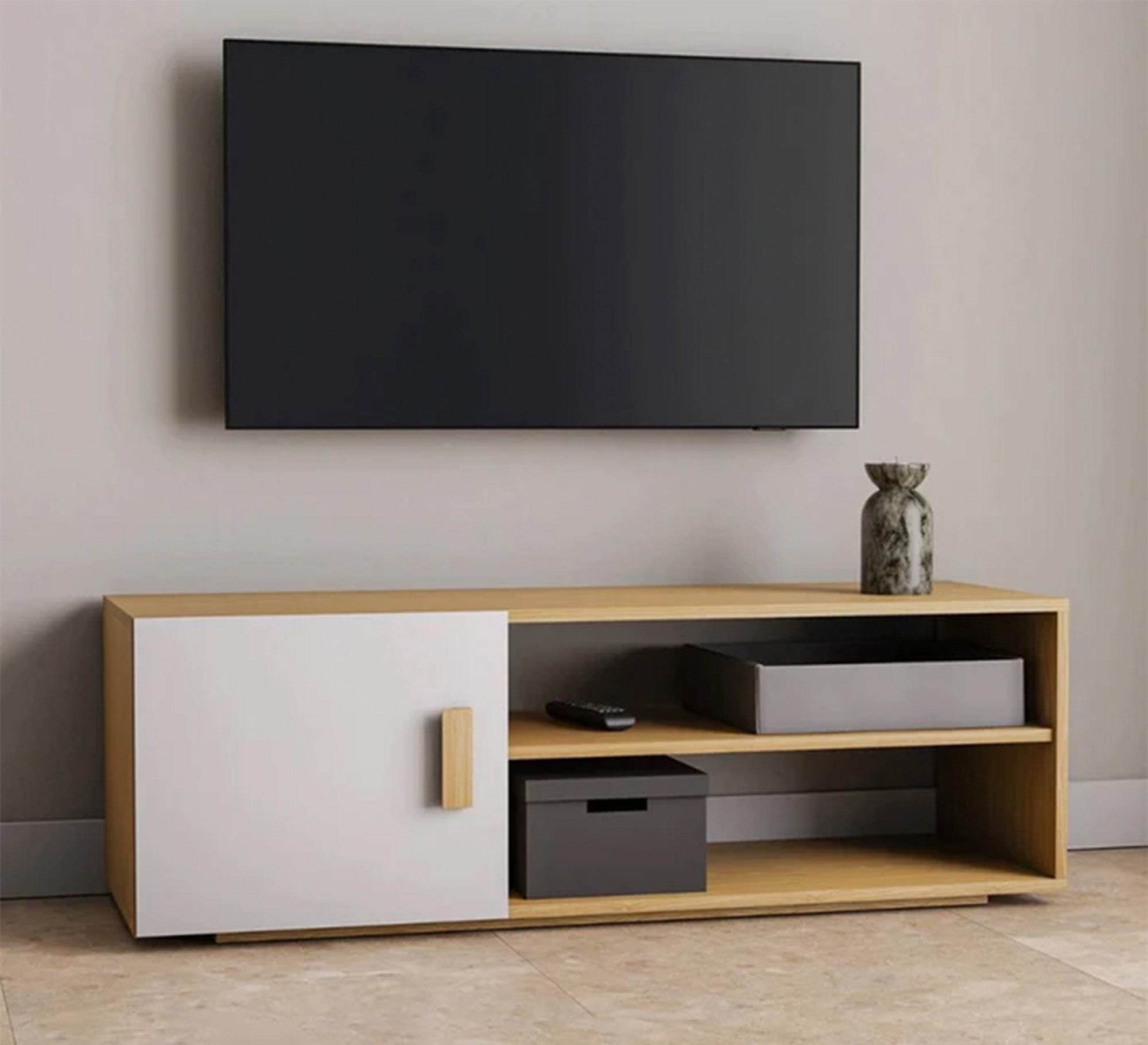 TV unit with two shelves and a movable shutter – Vitrine Furniture